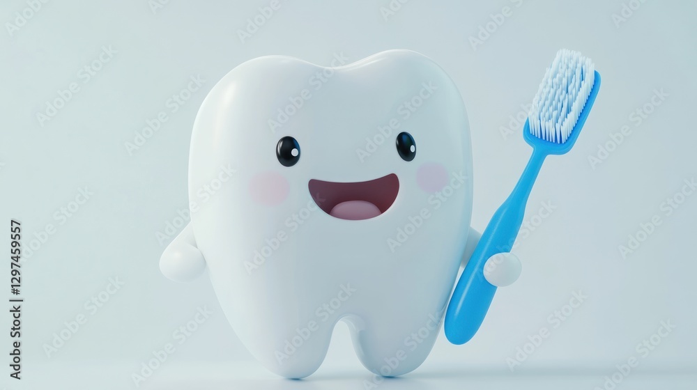 Cute smiling tooth character next to a large cartoon toothbrush model ...
