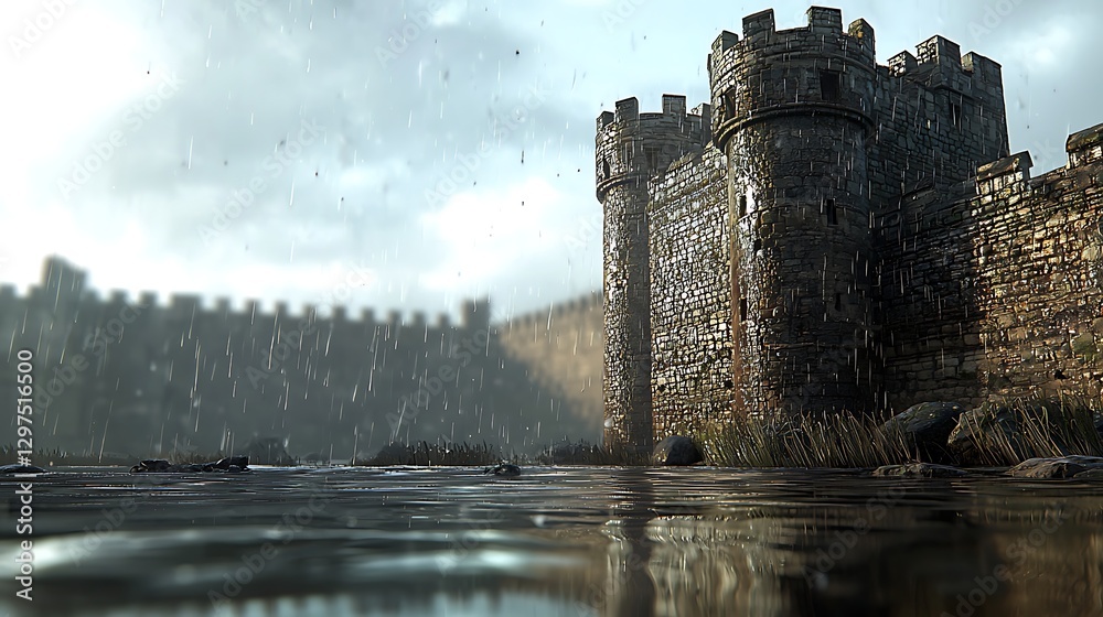 Rainy day at medieval castle, fortress wall, water reflection, game ...