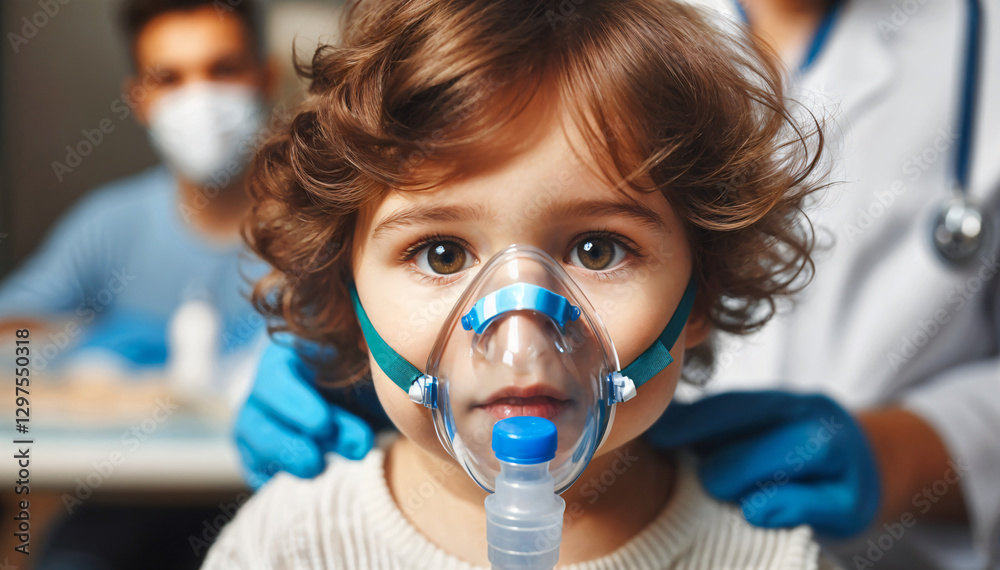 Foto de Stock Causian little boy making inhalation with nebulizer at ...