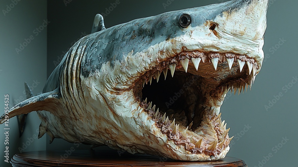 Large, detailed, taxidermied great white shark head, wide open mouth ...