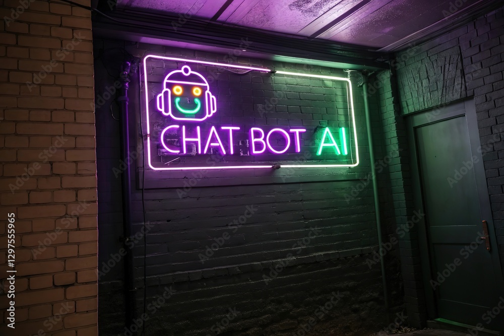 Neon Sign Displaying "Chat Bot AI" with Robot Icon, Illustrating Artificial Intelligence and ...