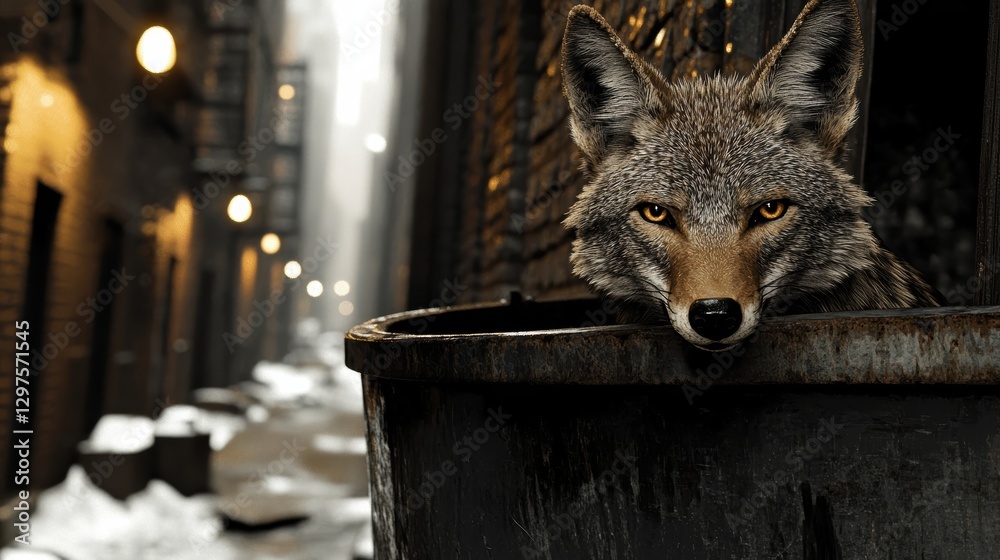 Coyote Sitting in Urban Trash Can with Alleyway Background in Dim Light ...