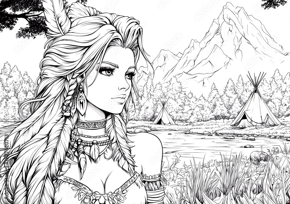 A beautiful warrior princess with long hair in an Indian camp ...