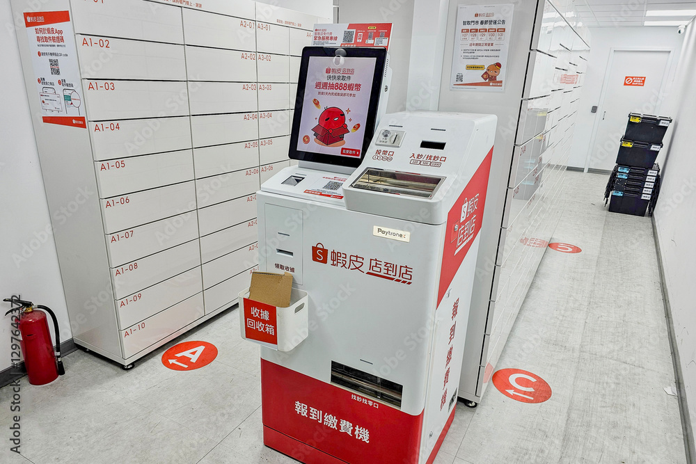 Taiwan - February 20, 2025: Shopee smart self-service store scene ...