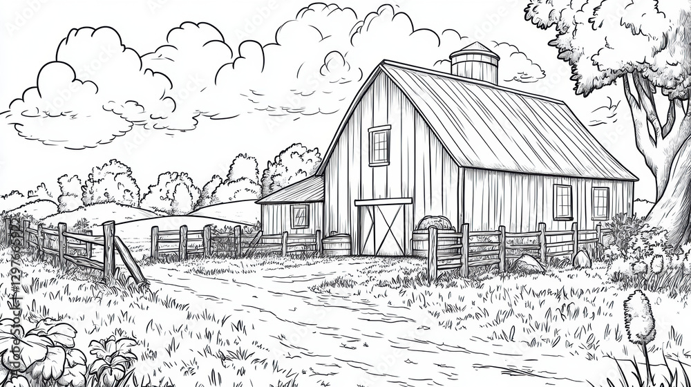 Easy coloring page of farm scene featuring barn, fence, and trees ...