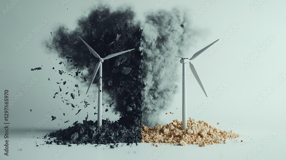 Coal vs wind turbine, fossil fuels vs renewable energy, symbolic visual ...
