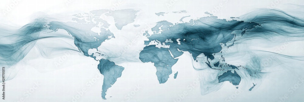 Artistic representation of a world map with flowing blue textures ...