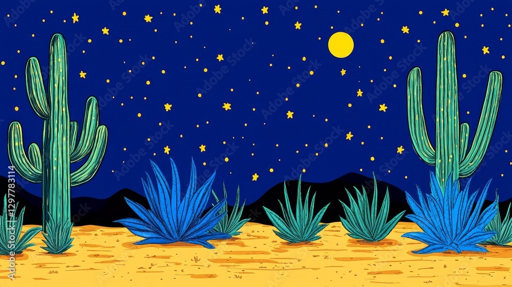 Retro desert landscape with cactus and starry night sky pixel art for ...