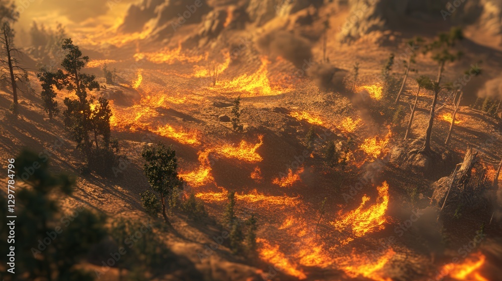 scene showing how a forest fire moves across the landscape, leaving ...