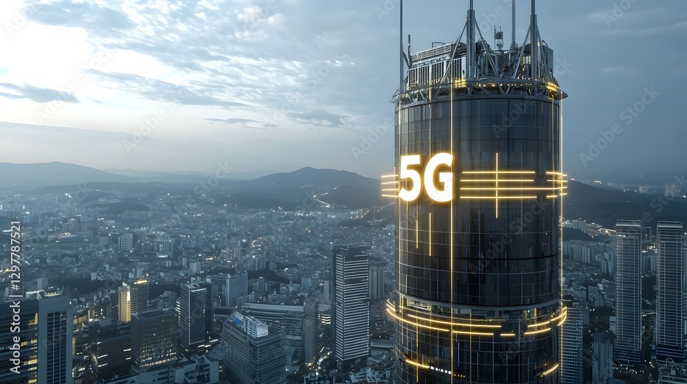 Glowing 5G antenna emitting radiant digital signals across a futuristic ...