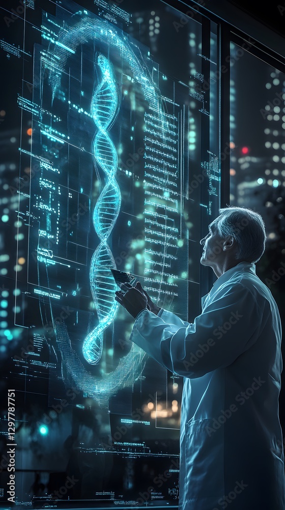 49. A patient and doctor in a futuristic setting, observing a floating ...