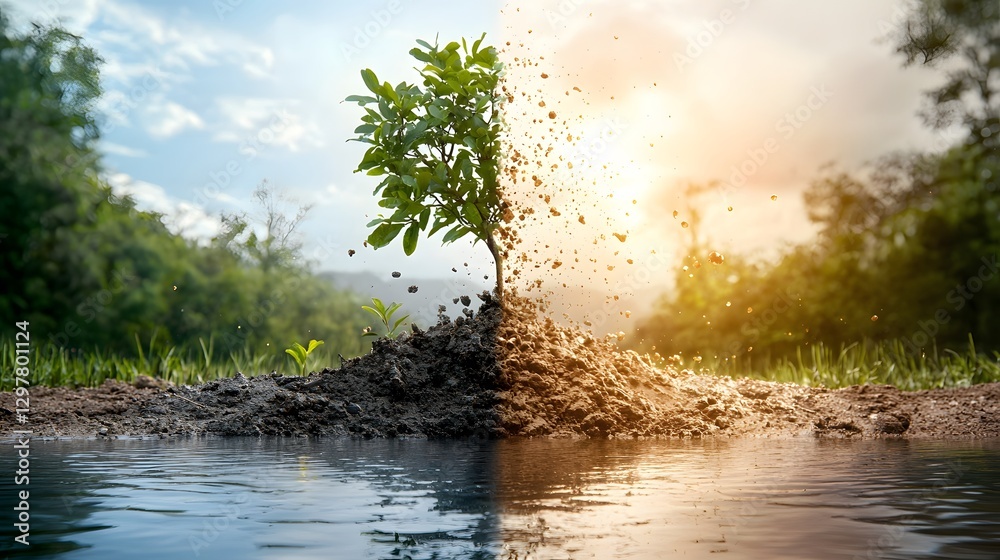 Dramatic side by side visual comparison of pristine natural waterway ...