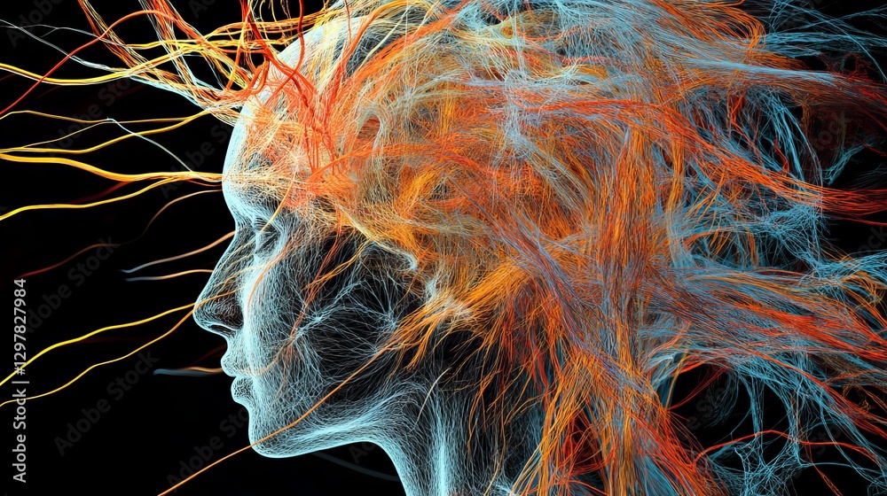 Computer-generated image showing the nerves in the human brain, created ...