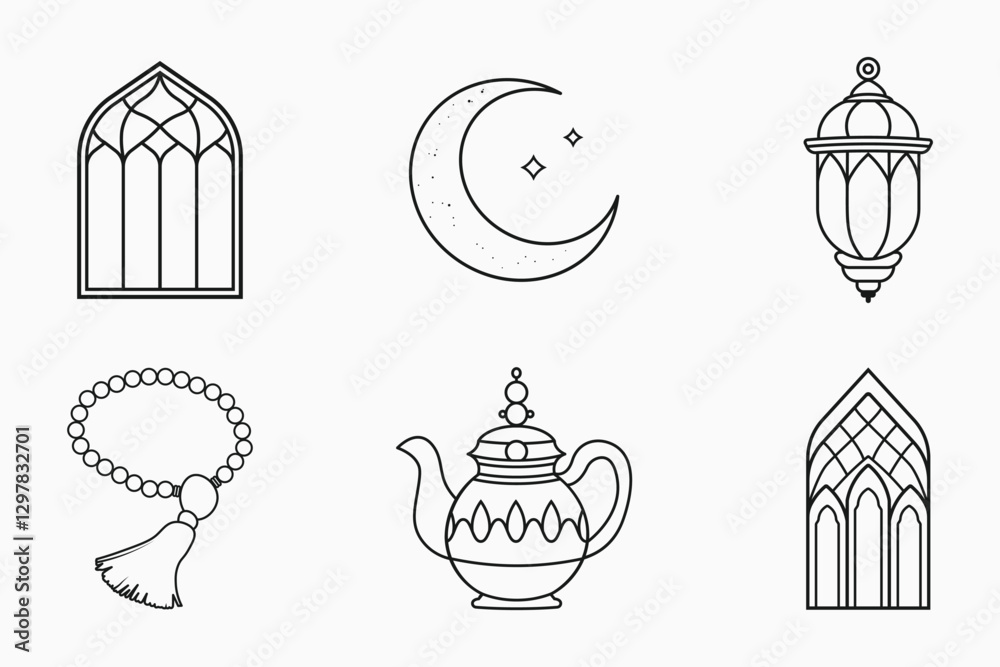 Islamic festival and traditional outline elements set in isolated flat ...