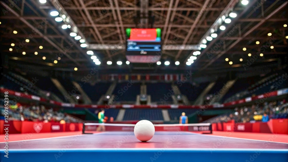 Ilustração Table tennis ball on a ping pong table in a spacious indoor ...