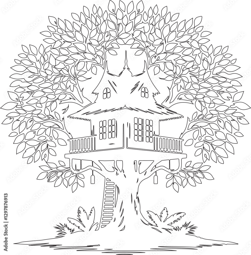Treehouse Kids, adults coloring page book art, line art illustration ...