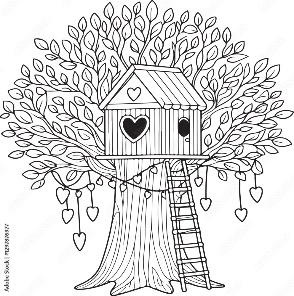 Treehouse Kids, adults coloring page book art, line art illustration ...