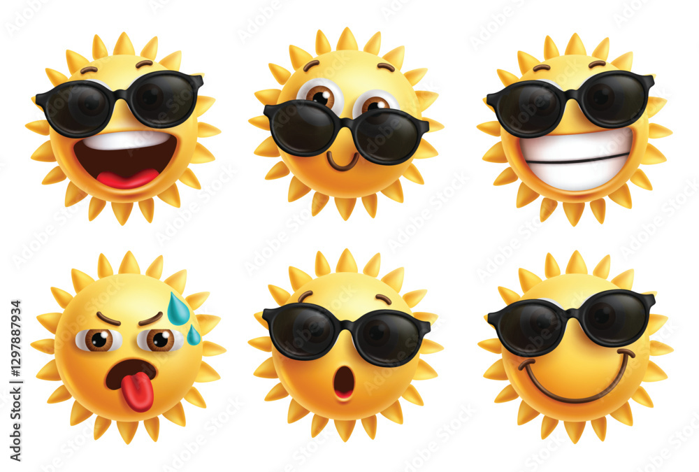 Sun emojis sunglasses characters clipart set. Summer emoji face clip ...