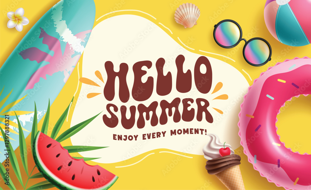Hello summer clipart template. Summer greeting text in yellow abstract clip art background with ...