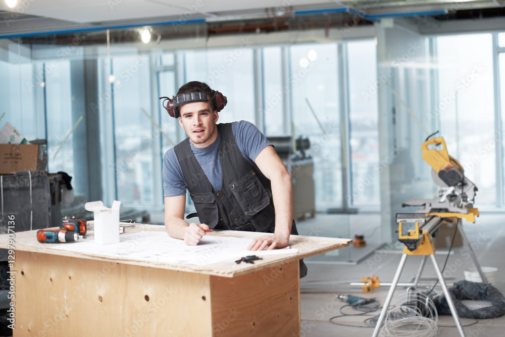 Portrait, man or builder drawing floor plan for drafting industrial ...