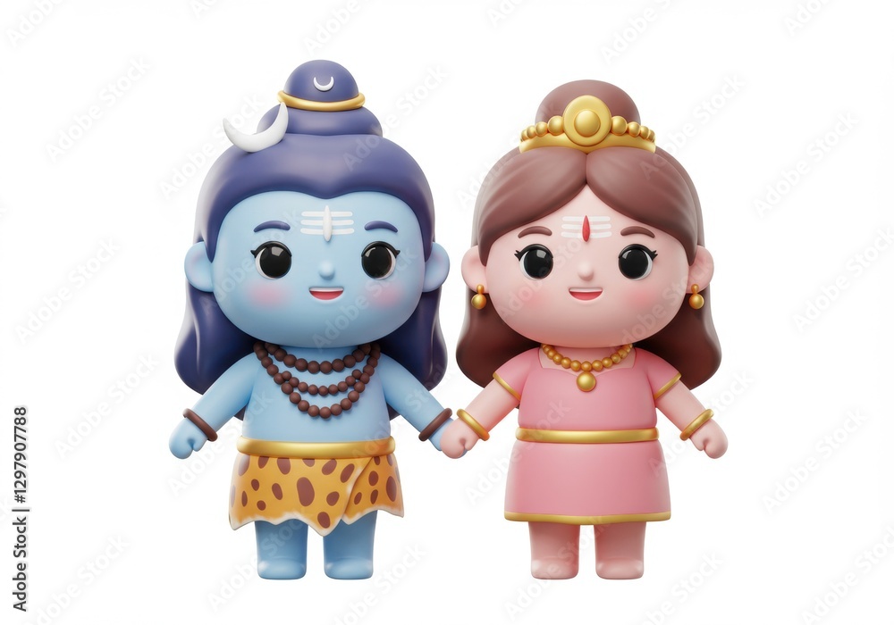 Colorful cartoon characters of shiva parvati holding hands, set against ...