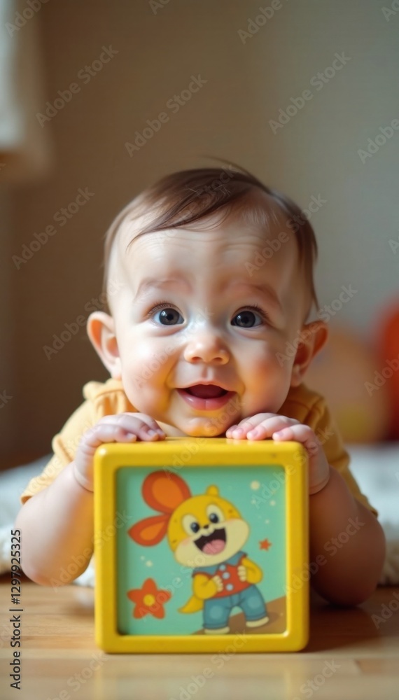 Adorable infant with round face and big eyes peeking from behind a toy ...