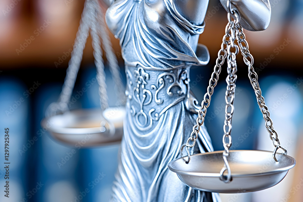 Lady Justice statue, scales of justice, legal library background ...