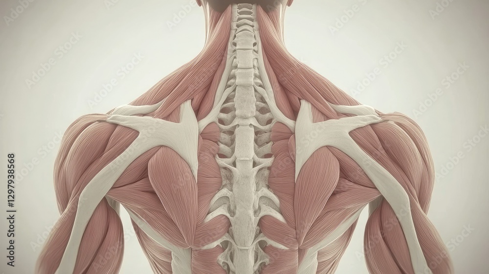 Back muscles detailed in a medical-style illustration, focusing on the ...