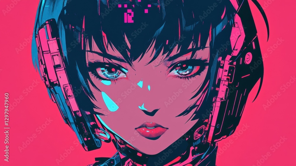 Anime style Girl face Cyborg cosplay in cyberpunk Synthwave technology ...