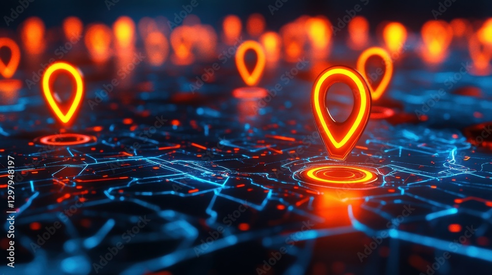 Glowing location markers on a high-tech digital map with radiant ...