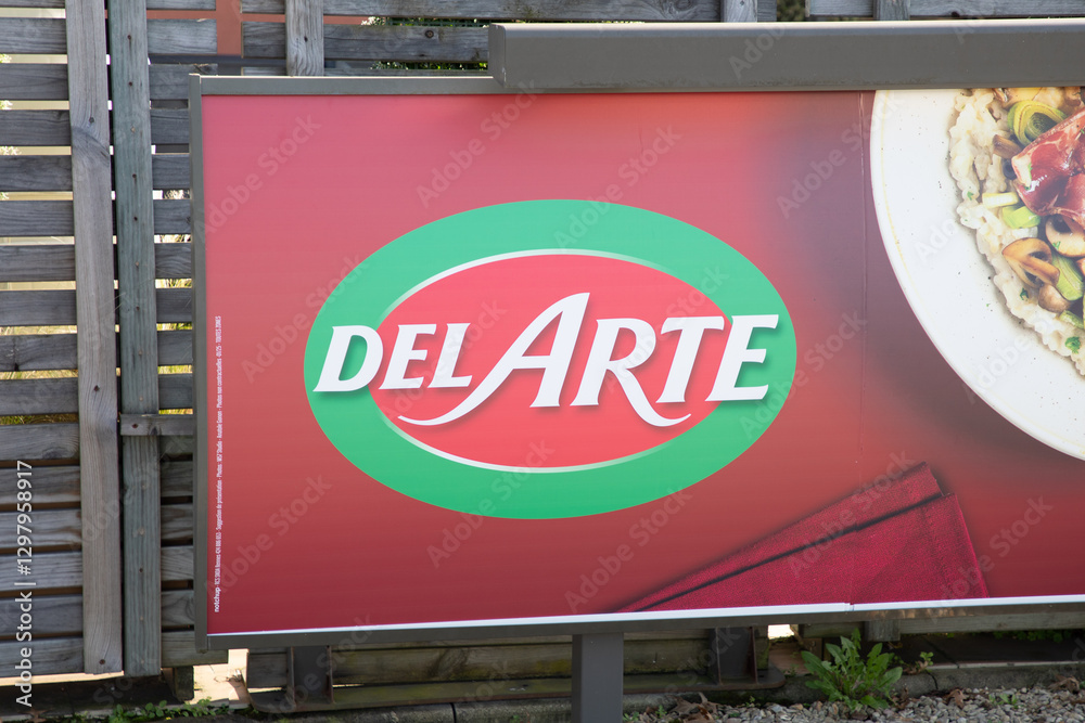 Pizza del arte brand text and logo sign on chain wall facade restaurant ...