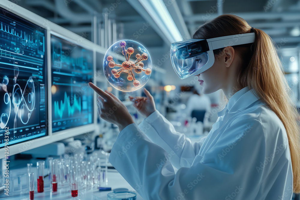 A female scientist in a modern laboratory uses augmented reality (AR ...