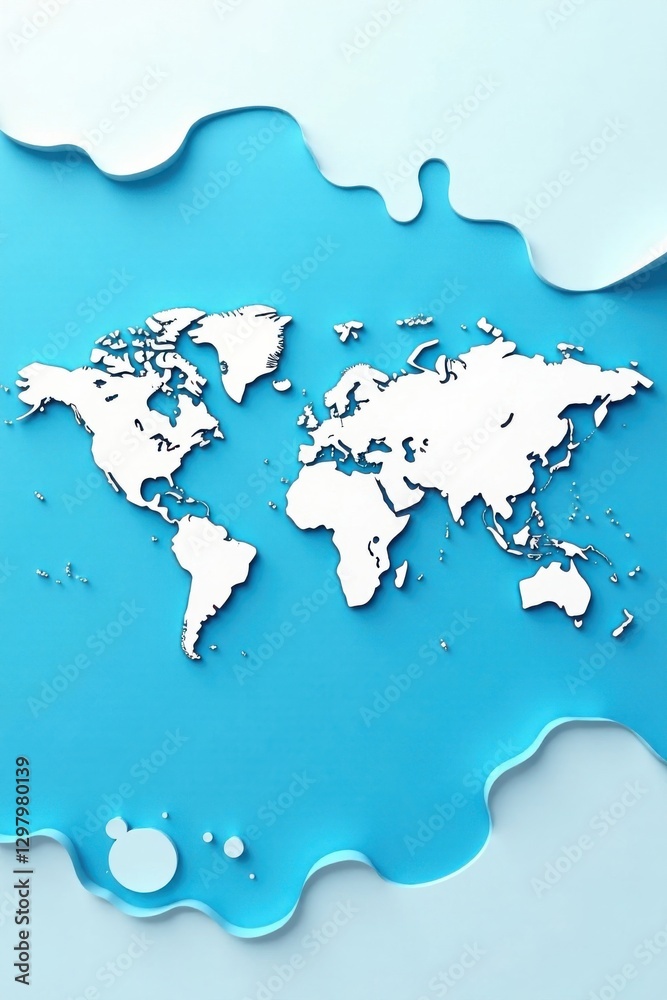 Minimalist global map design featuring blue water borders and white ...