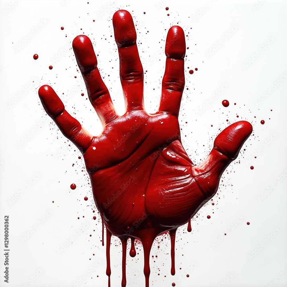 Bloody hand print isolated on white background. Red paint splatters ...