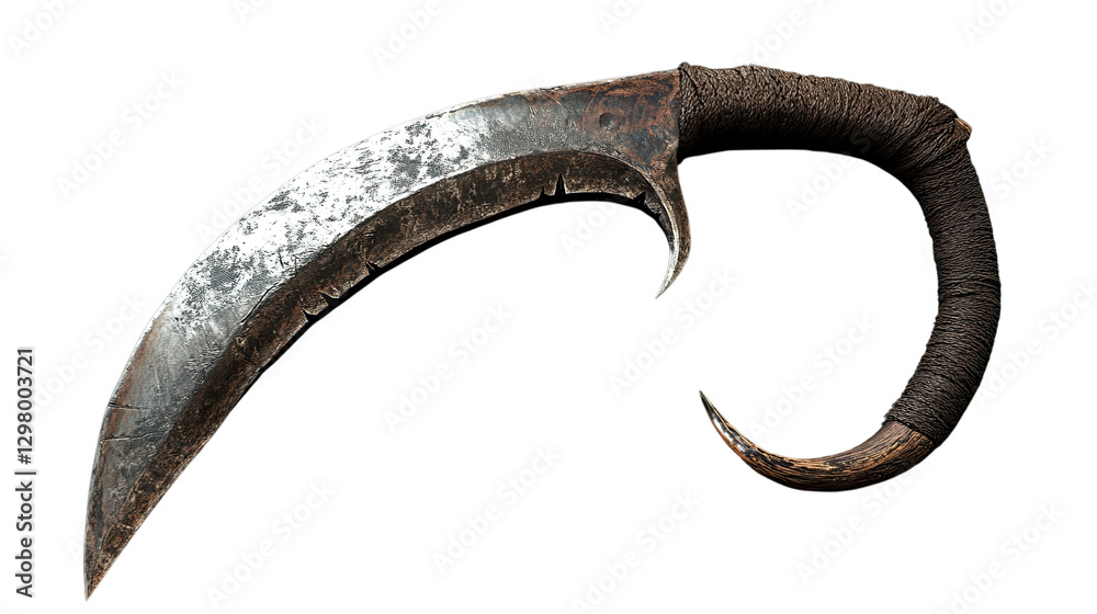 Antique Sickle Knife: An ancient sickle knife lies horizontally, its ...