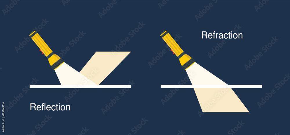 Illustration Difference between reflection and refraction. Physics Law ...