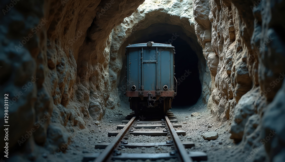 Old mining cart sits on railroad in dark narrow mine tunnel. Interior ...