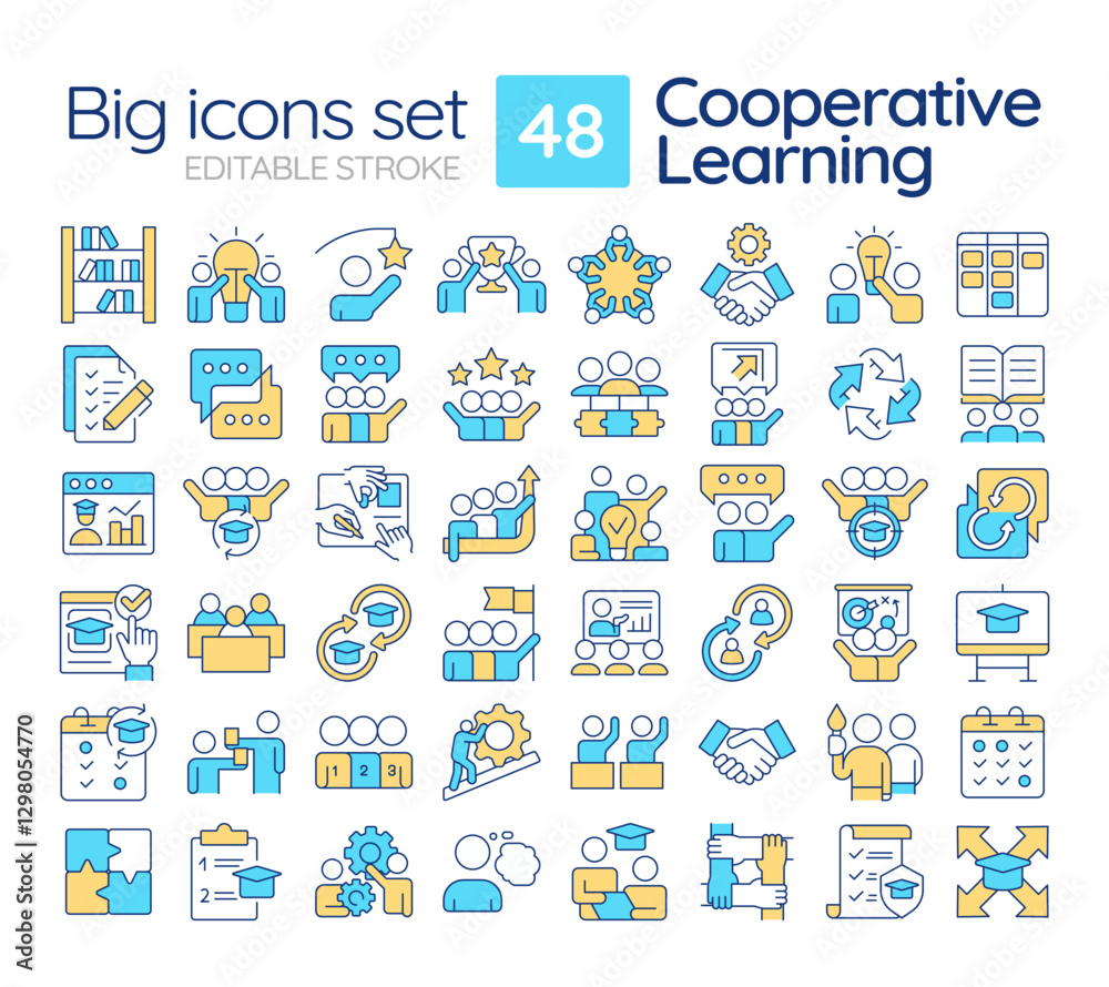 Cooperative learning RGB color icons set. Team work organization ...