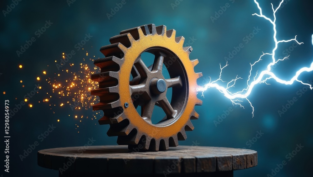 Flywheel Effect. Gear wheels are spinning in air with lightning coming ...