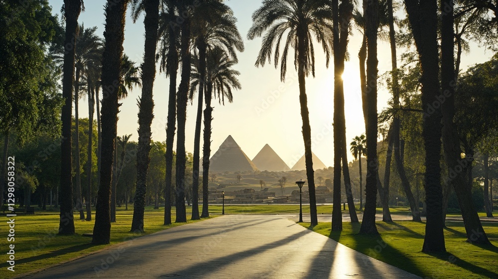 Pyramids of Giza framed by palm trees under warm sunlight in lush ...