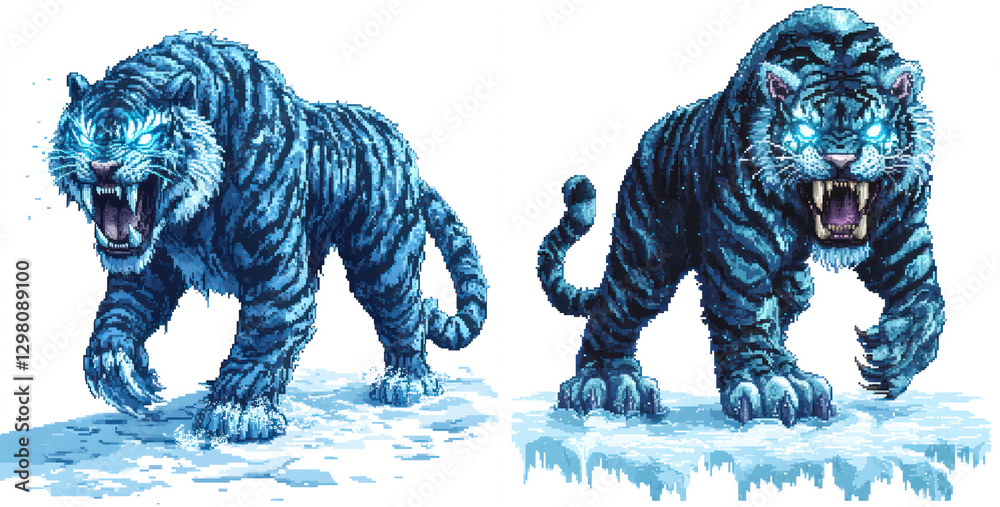 8 bit Pixel Art Icy Blue Saber-Tooth Tiger with Glowing Eyes on a ...