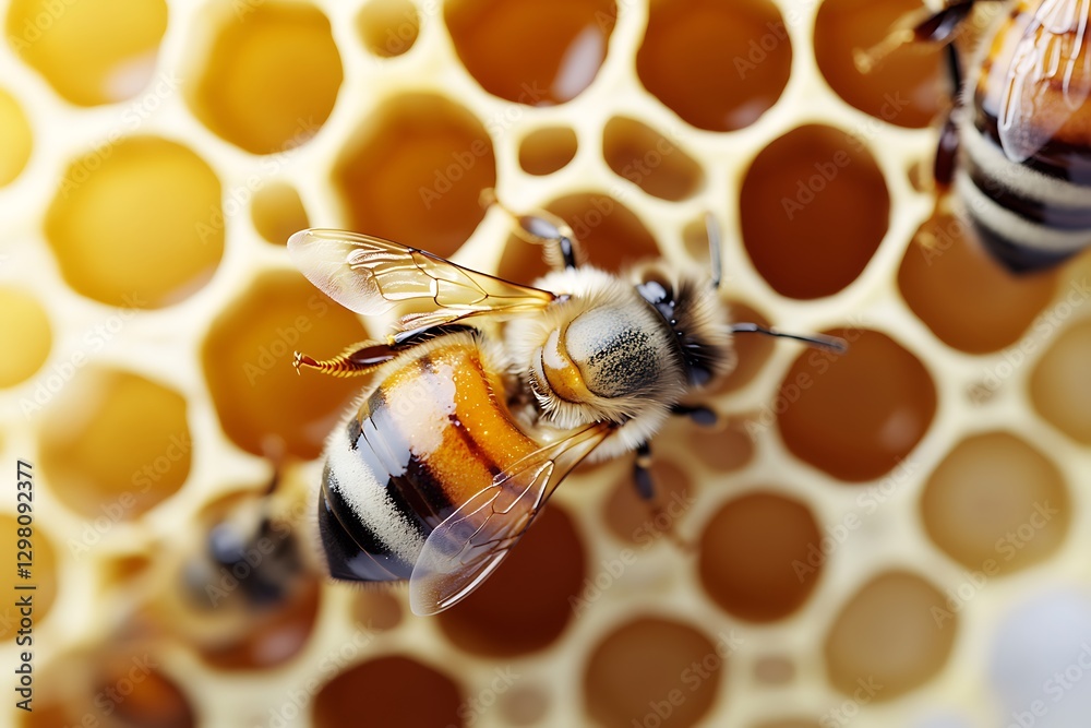 Bees working on honeycomb cells. Honey visible in cells behind insects ...