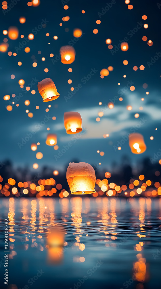 A night scene of a lantern festival, glowing golden lanterns floating ...