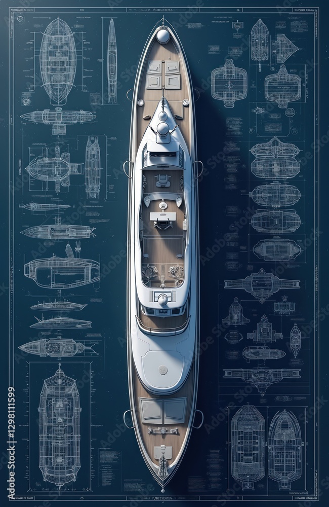 Stylized blueprints of luxury yacht with nautical design, ship ...