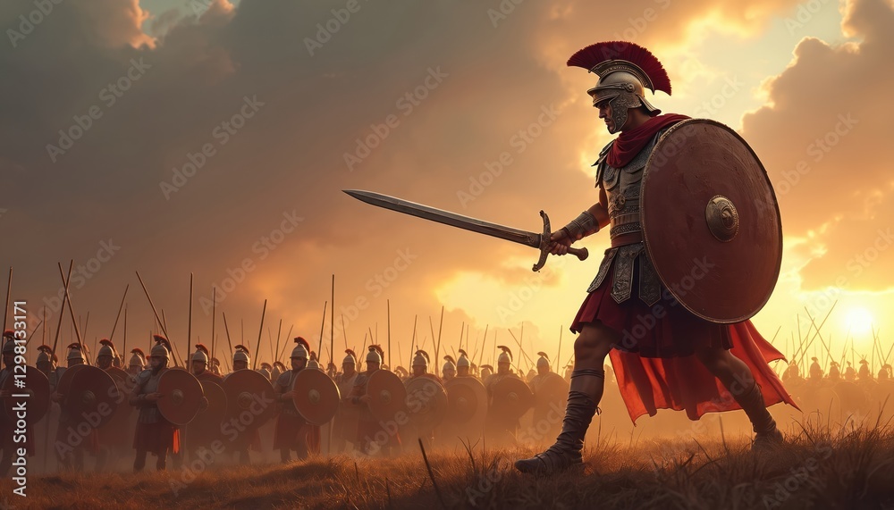 Roman legionary in helmet with gladius sword, scutum shield leading ...