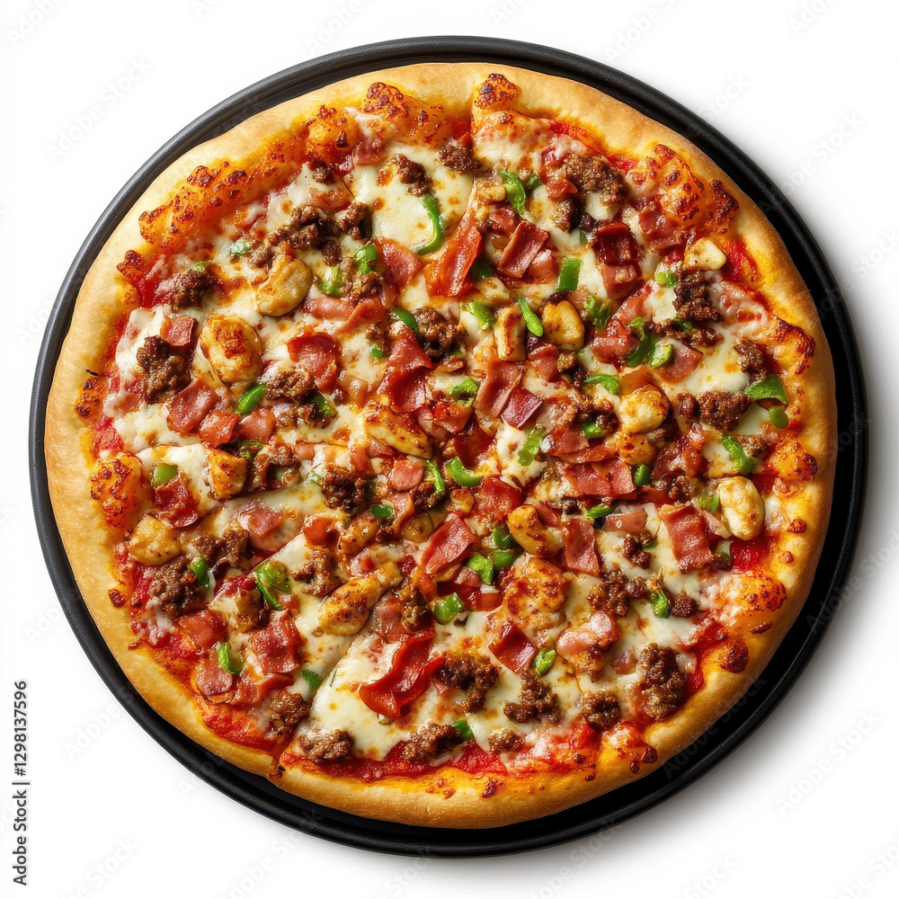 Savory Feast: A delectable and fully loaded pizza rests on a black ...