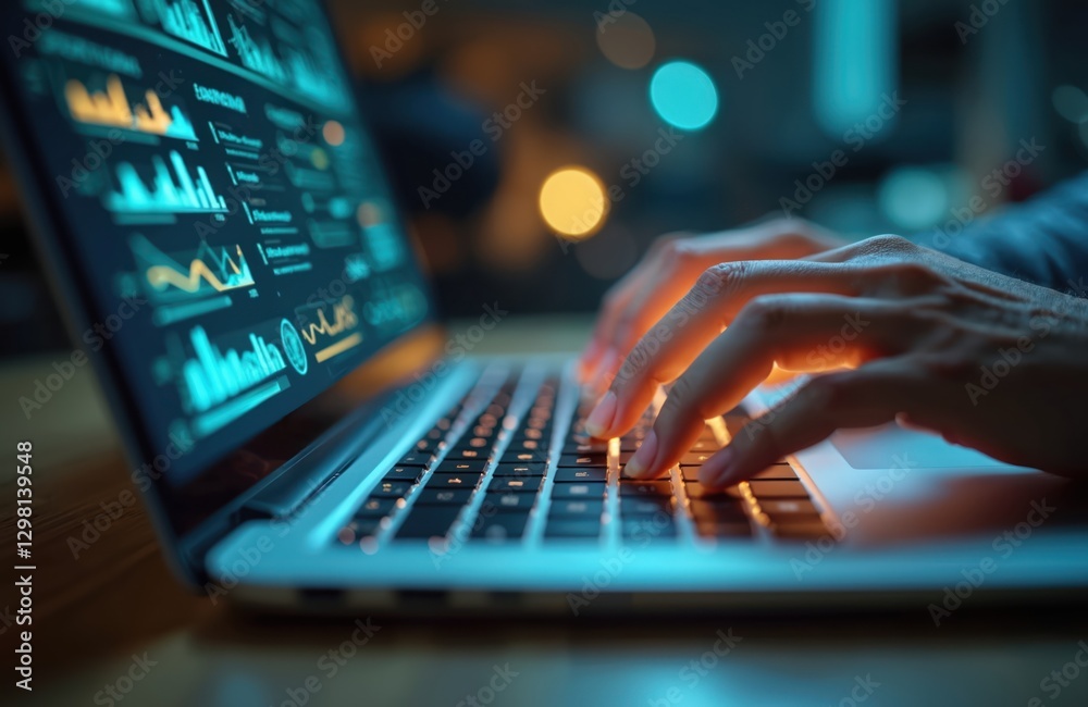 Hands type on laptop showing charts, data analytics, diagrams. Person ...