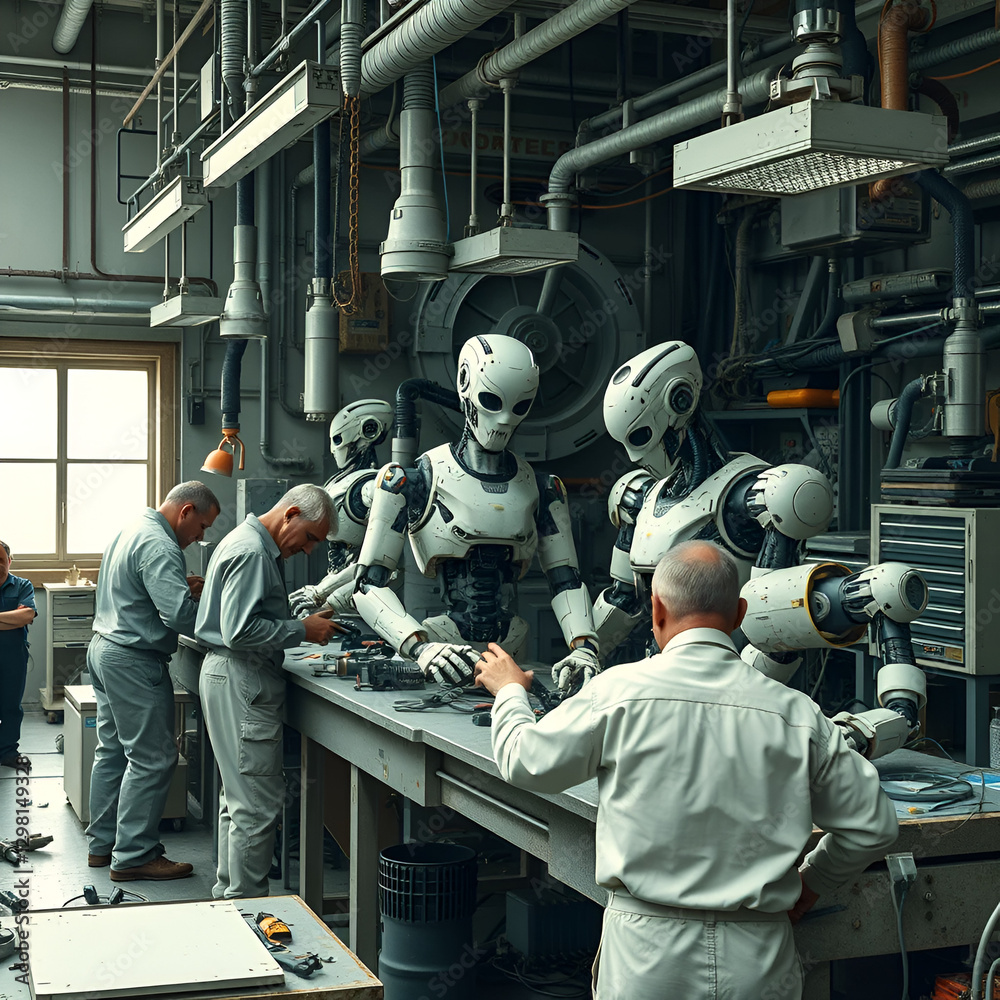 An intricate workshop scene, where mechanics diligently attend to malfunctioning robots ...