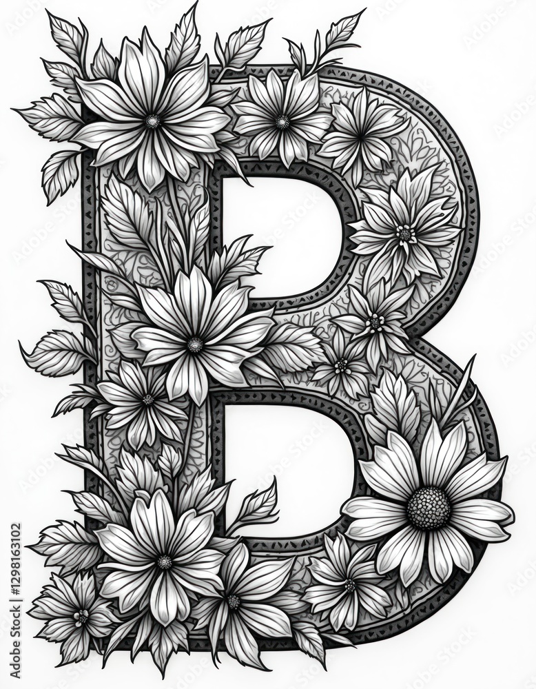 Coloring page with capital letter B decorated with flowers and leaves ...