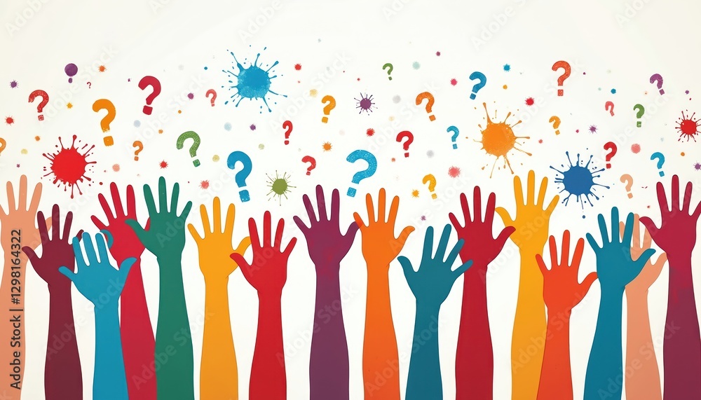 Colorful hands raised on white background with question marks. Symbol ...
